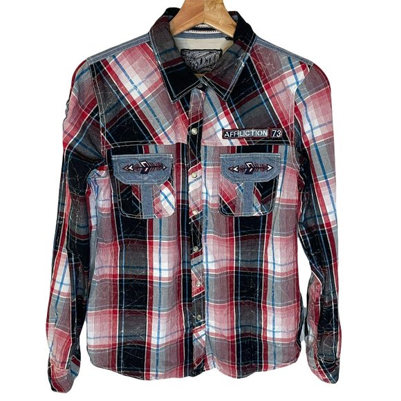 Affliction | Tops | Affliction Pearl Snap Embroidered Plaid Western ...